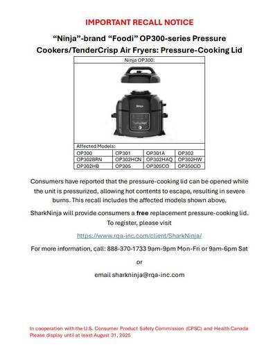 Product Recall: “Ninja”-brand “Foodi” OP300-series Pressure Cookers ...